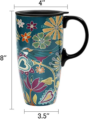 Topadorn Coffee Ceramic Mug Porcelain Latte Tea Cup With Lid 17oz. Floral Symphony, Green Bird