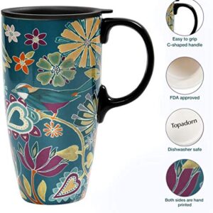 Topadorn Coffee Ceramic Mug Porcelain Latte Tea Cup With Lid 17oz. Floral Symphony, Green Bird