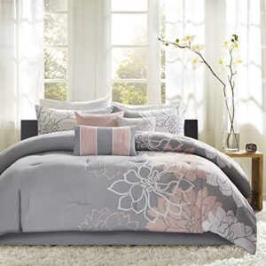 madison park lola sateen cotton comforter set-casual medallion floral design all season down alternative bedding, shams, bedskirt, decorative pillows, queen, grey/blush 7 piece