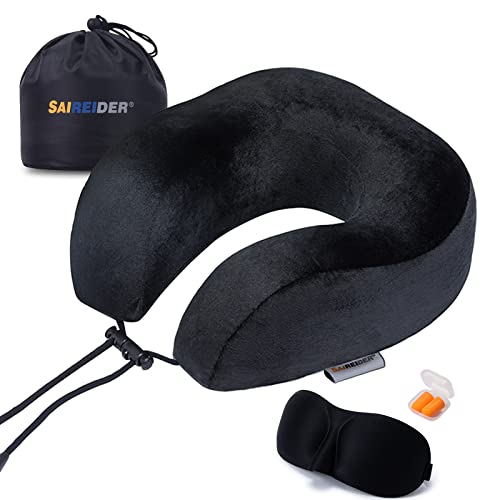 SAIREIDER Neck Pillows for Travel 100% Memory Foam Adjustable Travel Pillows with Storage Bag, Sleep Mask and Earplugs-Prevent The Heads from Falling Forward (Black)