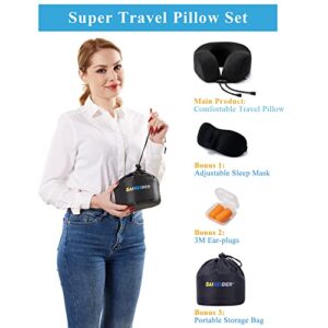 SAIREIDER Neck Pillows for Travel 100% Memory Foam Adjustable Travel Pillows with Storage Bag, Sleep Mask and Earplugs-Prevent The Heads from Falling Forward (Black)