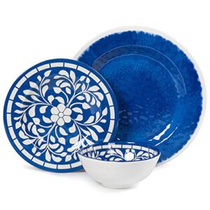 melamine dinnerware set - 12 pcs dinner dishes set for outdoor use, dishwasher safe, unbreakable, blue