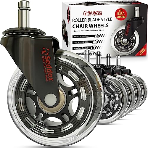 Office Chair Wheels Replacement Set 10mm (3/8" x 7/8") Stem - Fits IKEA Chairs ONLY - Soft Desk Chair Casters for Wood Floors & Carpet - Heavy Duty & Safe for All Floors Without Any Chair Mats