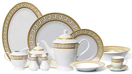 Euro Porcelain 57-pc Banquet Dinnerware Set Gold Greek Key - Luxury Tableware Dining Service for 8