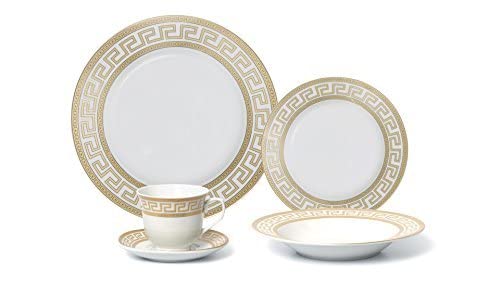 Euro Porcelain 57-pc Banquet Dinnerware Set Gold Greek Key - Luxury Tableware Dining Service for 8