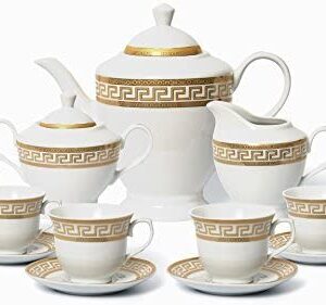 Euro Porcelain 57-pc Banquet Dinnerware Set Gold Greek Key - Luxury Tableware Dining Service for 8