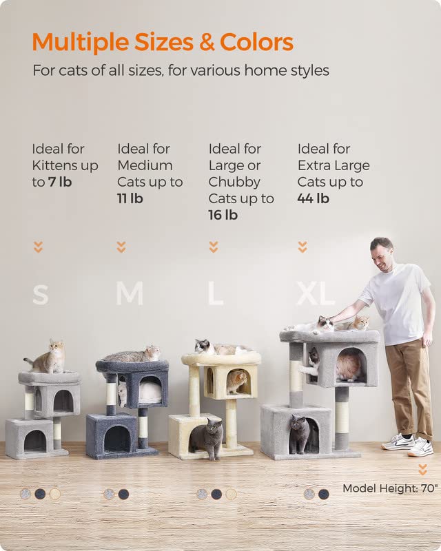 Feandrea Cat Tree, 33.1-Inch Cat Tower, L, Cat Condo for Large Cats up to 16 lb, Large Cat Perch, 2 Cat Caves, Scratching Post, Light Gray UPCT61W