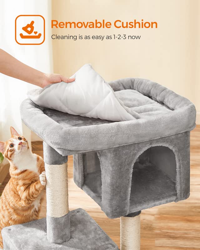 Feandrea Cat Tree, 33.1-Inch Cat Tower, L, Cat Condo for Large Cats up to 16 lb, Large Cat Perch, 2 Cat Caves, Scratching Post, Light Gray UPCT61W