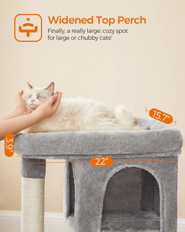 Feandrea Cat Tree, 33.1-Inch Cat Tower, L, Cat Condo for Large Cats up to 16 lb, Large Cat Perch, 2 Cat Caves, Scratching Post, Light Gray UPCT61W