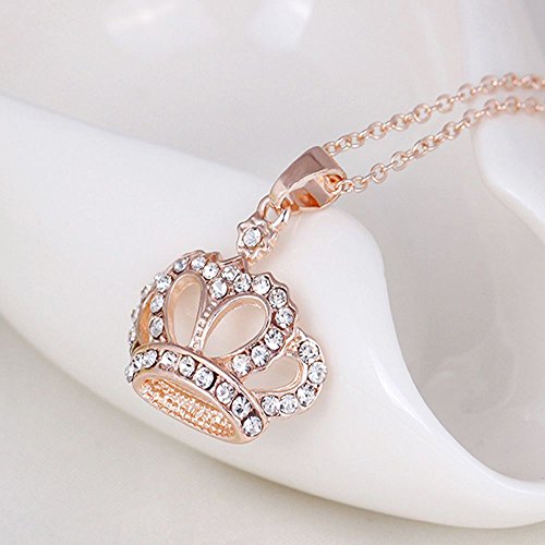 TenDollar Charm Wedding Queen Long Chain Rhinestones Crystal Crown Pendant Necklace (Gold)