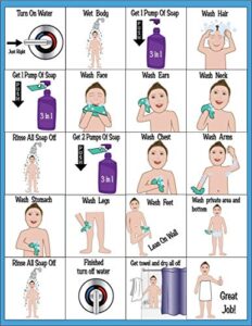 hom aba/ot approved step-by-step 100% sealed and laminated 9x12" shower chart. ideal for children with autism or special needs. helps with teaching self care. pecs charts, visual schedules, aids