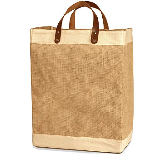 Reusable Jute French Market Tote Burlap Grocery Bags with Faux Leather Strap Handles, Interior Pocket, and Water Resistant Inner Lining Jute Shopping Bag, EXULTIMATE