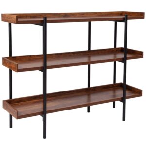 flash furniture mayfair 3 shelf 35"h storage display unit bookcase with black metal frame in rustic wood grain finish