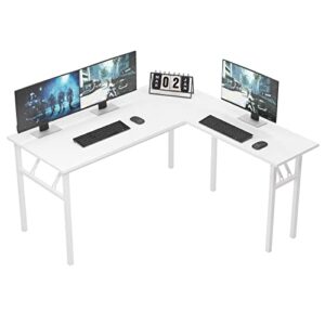 need l shaped desk, folding computer desk, 55 inches x 55 inches l desk for home office, one-step assembly foldable table, white