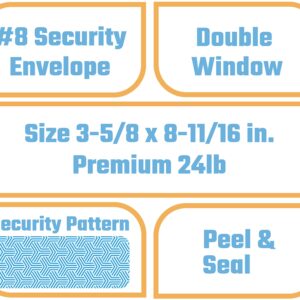 Office Deed 500#8 Double Window Check Envelopes SELF SEAL, Adhesive Tinted Security Envelopes for Quickbooks Checks, Business Checks - 3 5/8" x 8 11/16", (Not for Invoices)