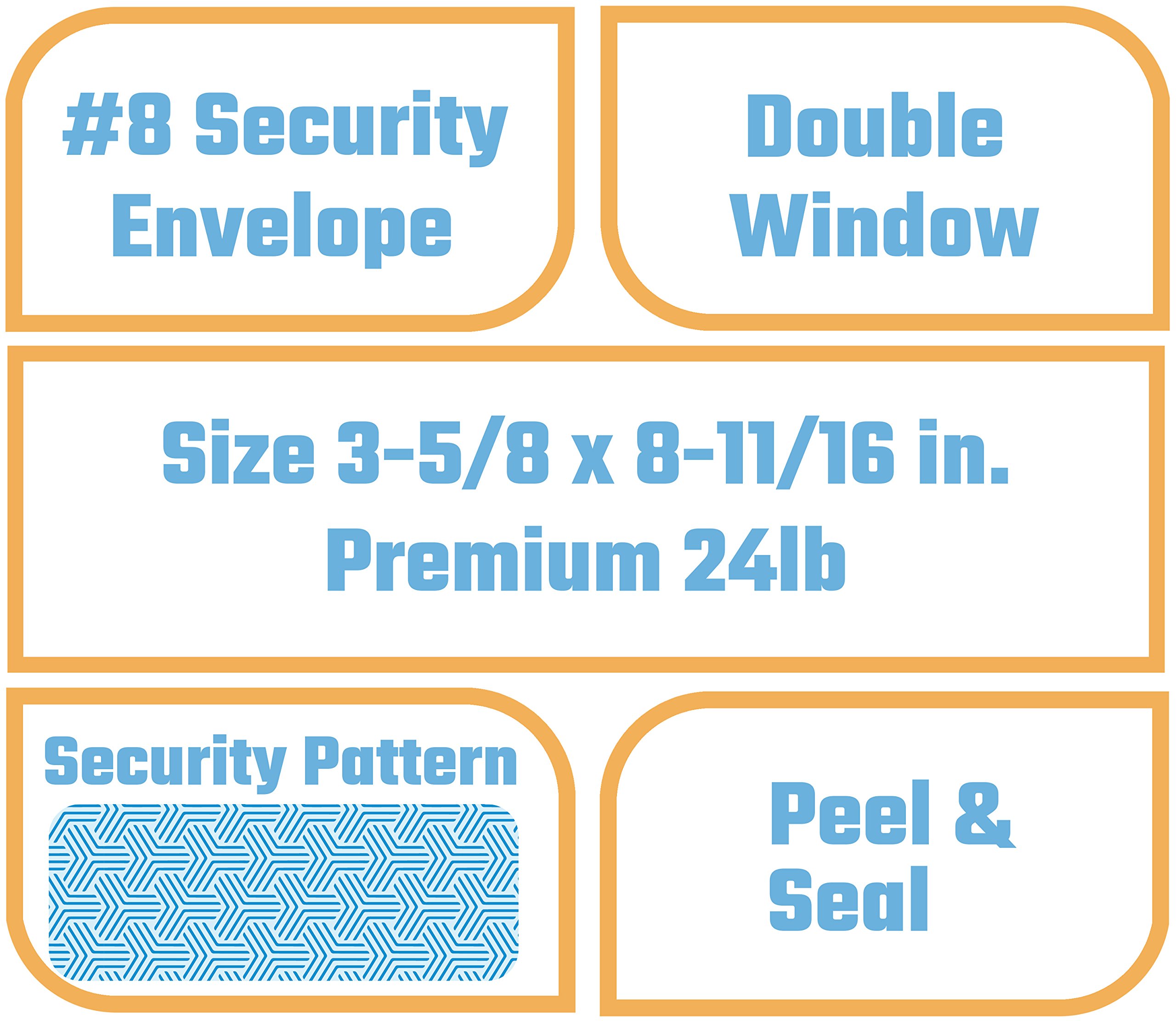 Office Deed 500#8 Double Window Check Envelopes SELF SEAL, Adhesive Tinted Security Envelopes for Quickbooks Checks, Business Checks - 3 5/8" x 8 11/16", (Not for Invoices)