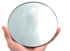 round large convex glass mirror - 6" (150mm) diameter - 150mm focal length - 5mm thick approx. - eisco labs