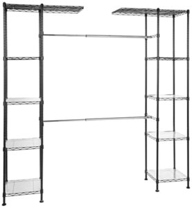 amazon basics expandable metal hanging storage organizer rack wardrobe with shelves, 14"-63" x 58"-72", black