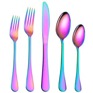 berglander flatware set 20 piece, stainless steel with titanium colorful plated, multicolor flatware set, silverware, rainbow color cutlery set service for 4