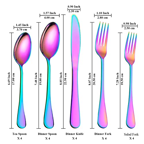 Berglander Flatware Set 20 Piece, Stainless Steel With Titanium Colorful Plated, Multicolor Flatware Set, Silverware, Rainbow Color Cutlery Set Service For 4