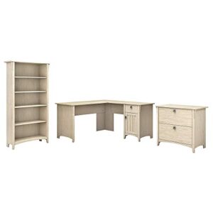 bush furniture salinas l shaped desk with lateral file cabinet and 5 shelf bookcase, 60w, antique white