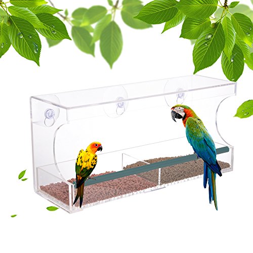 Ju&Ju Window Bird Feeder,Clear Acrylic with Removable Tray,Easy to Clean, Drain Holes and 3 Strong Suction Cups.Large Size, Weatherproof