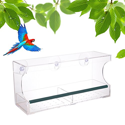 Ju&Ju Window Bird Feeder,Clear Acrylic with Removable Tray,Easy to Clean, Drain Holes and 3 Strong Suction Cups.Large Size, Weatherproof