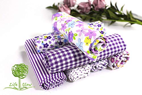 Life Glow 7pcs 20x20 inch (50x50cm) Cotton Craft Fabric Bundle Pre Cut Squares Patch Work DIY Sewing Quilting for DIY Handmade Craft Sewing Clothes Purple Style Floral, Polka dots, Stripe and Plaid