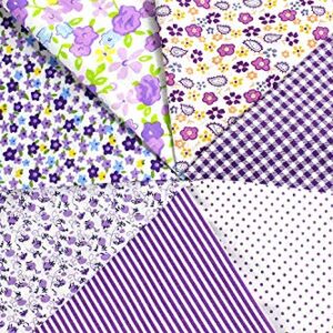 Life Glow 7pcs 20x20 inch (50x50cm) Cotton Craft Fabric Bundle Pre Cut Squares Patch Work DIY Sewing Quilting for DIY Handmade Craft Sewing Clothes Purple Style Floral, Polka dots, Stripe and Plaid