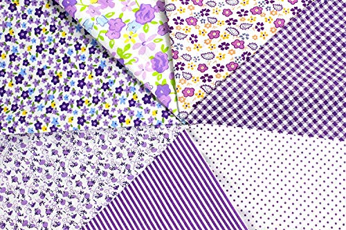 Life Glow 7pcs 20x20 inch (50x50cm) Cotton Craft Fabric Bundle Pre Cut Squares Patch Work DIY Sewing Quilting for DIY Handmade Craft Sewing Clothes Purple Style Floral, Polka dots, Stripe and Plaid