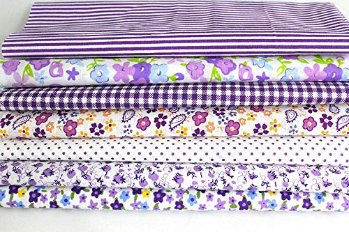 Life Glow 7pcs 20x20 inch (50x50cm) Cotton Craft Fabric Bundle Pre Cut Squares Patch Work DIY Sewing Quilting for DIY Handmade Craft Sewing Clothes Purple Style Floral, Polka dots, Stripe and Plaid