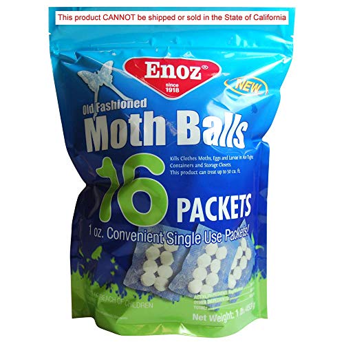 Enoz Old Fashioned Moth Ball Packets, Kills Clothes Moths and Carpet Beetles, Resealable Bag, Single Use Packets, Pack of 16