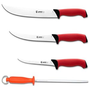 jero tr series butcher knife set - 10" cimeter - 8" breaking - 6" curved boning - soft traction grip handles - german high-carbon stainless steel blades - includes a sharpening steel