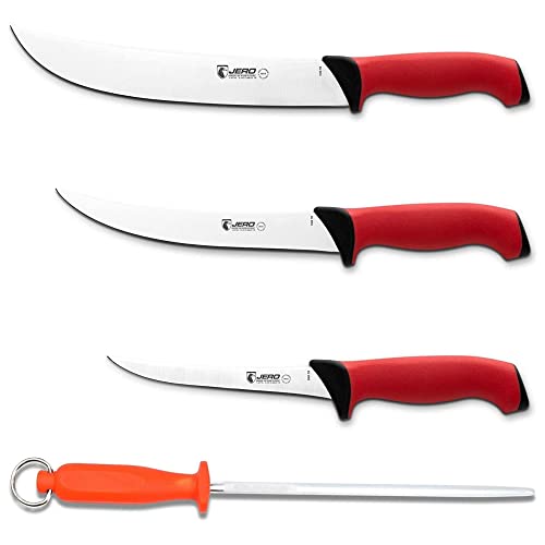 Jero TR Series Butcher Knife Set - 10" Cimeter - 8" Breaking - 6" Curved Boning - Soft Traction Grip Handles - German High-Carbon Stainless Steel Blades - Includes a Sharpening Steel