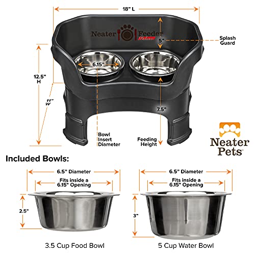 Neater Feeder Deluxe with Leg Extensions for Medium Dogs - Mess Proof Pet Feeder with Stainless Steel Food & Water Bowls - Drip Proof, Non-Tip, and Non-Slip - Midnight Black