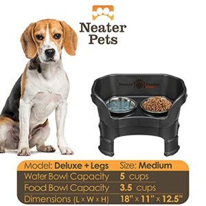 Neater Feeder Deluxe with Leg Extensions for Medium Dogs - Mess Proof Pet Feeder with Stainless Steel Food & Water Bowls - Drip Proof, Non-Tip, and Non-Slip - Midnight Black