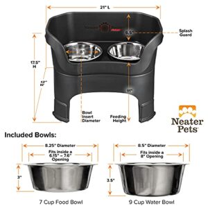 Neater Feeder Deluxe with Leg Extensions for Large Dogs - Mess Proof Pet Feeder with Stainless Steel Food & Water Bowls - Drip Proof, Non-Tip, and Non-Slip - Midnight Black