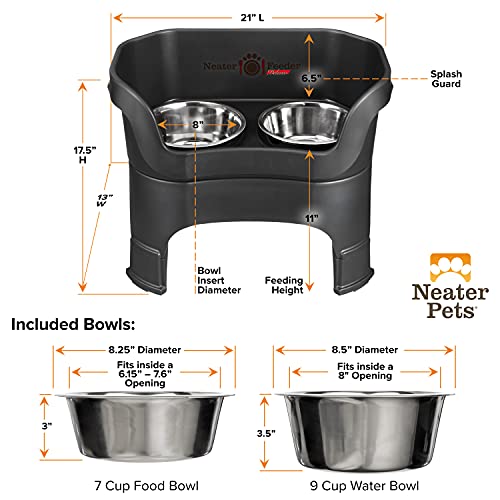 Neater Feeder Deluxe with Leg Extensions for Large Dogs - Mess Proof Pet Feeder with Stainless Steel Food & Water Bowls - Drip Proof, Non-Tip, and Non-Slip - Midnight Black