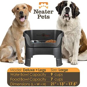 Neater Feeder Deluxe with Leg Extensions for Large Dogs - Mess Proof Pet Feeder with Stainless Steel Food & Water Bowls - Drip Proof, Non-Tip, and Non-Slip - Midnight Black