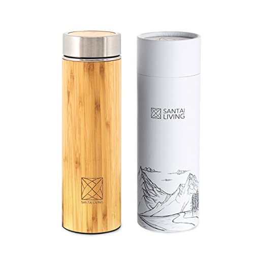 Santai Living Premium Bamboo Thermos with Tea Infuser & Super Strainer 17oz capacity - Keeps Hot & Cold for 24 Hrs - Vacuum Insulated Stainless Steel Travel Tea Tumbler Infuser Bottle for Tea & Coffee