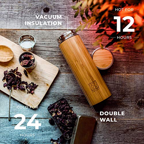 Santai Living Premium Bamboo Thermos with Tea Infuser & Super Strainer 17oz capacity - Keeps Hot & Cold for 24 Hrs - Vacuum Insulated Stainless Steel Travel Tea Tumbler Infuser Bottle for Tea & Coffee