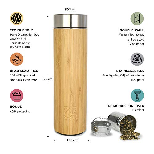 Santai Living Premium Bamboo Thermos with Tea Infuser & Super Strainer 17oz capacity - Keeps Hot & Cold for 24 Hrs - Vacuum Insulated Stainless Steel Travel Tea Tumbler Infuser Bottle for Tea & Coffee