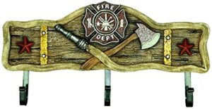 rustic fireman fire department emblem axe hose edge wall hook key holder coat hanger 3 hooks hand painted decoration