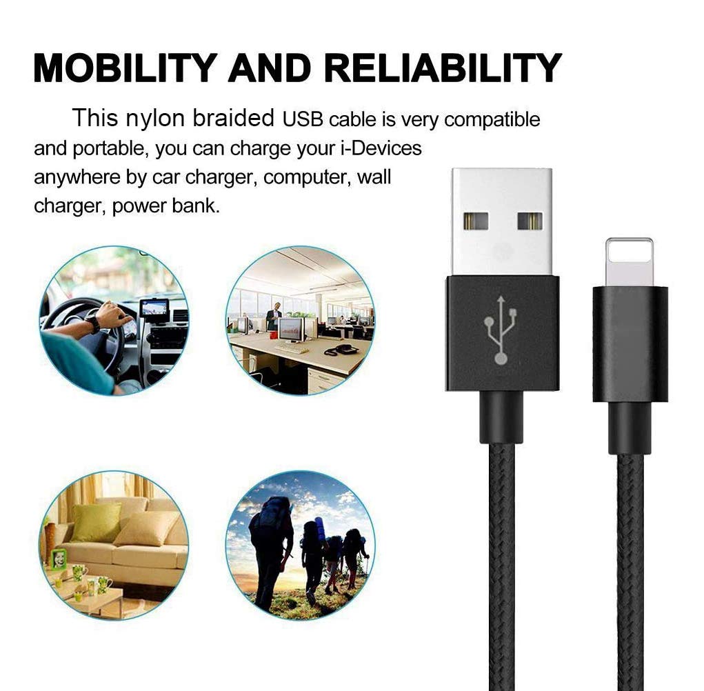 RoFI Compatible Phone Cable, [2Pack] 2FT Nylon Braided Fast Charging USB Cord Replacement for Phone X 8 8 Plus 7 7 Plus 6s 6s Plus 6 6 Plus 5 5S 5C SE Pad Air Mini and More (2 Pack Black, 2 FT)