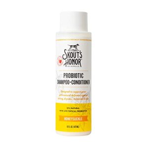 skout's honor: probiotic pet shampoo & conditioner - 2-in-1 with avocado oil - cleans and conditions fur, supports pet’s natural defenses, ph-balanced, sulfate-free - honeysuckle - 16 oz.