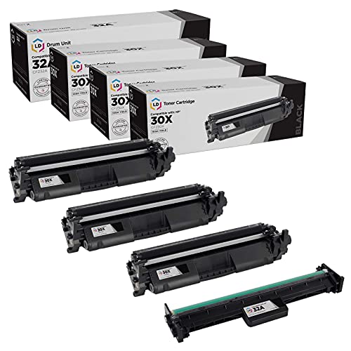 LD Products Compatible Toner & Drum Cartridge Replacement for HP 30X CF230X 30A Toner & 32A CF232A Drum for Laserjet Pro M203dw M203dn MFP M227fdw M227fdn Printer (3 Black Toners, 1 Drum, 4-Pack)