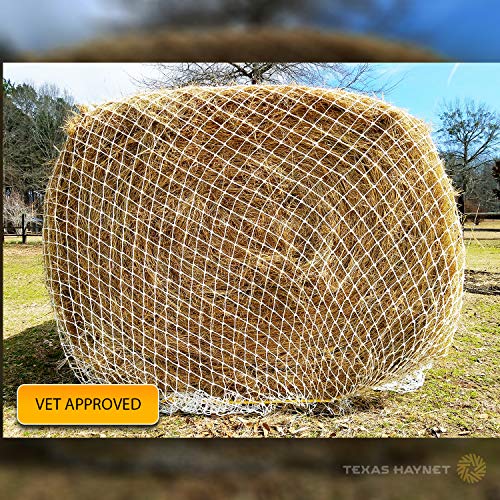 Texas Haynet - Heavy Gauge Round Bale Hay Net - Thick Net Slow Feeder for Horses - Nylon Net (Made Twice as Thick) - Easily Fits Bales [4x4-6x6]” or [3x3x8-4x4x8] 2.25” Holes