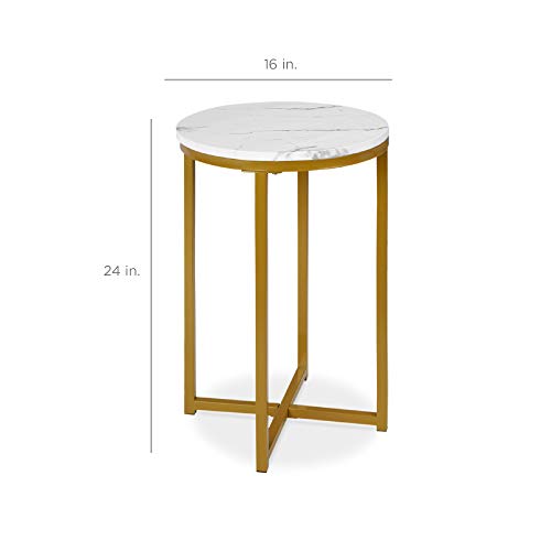 Best Choice Products 16in Faux Marble Accent Table, Modern End Table, Small Coffee Table Home Decor for Living Room, Dining Room, Tea, Coffee w/Metal Frame, Foot Caps, Designer - White/Bronze Gold