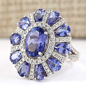 PR Jewerly Women Elegant 925 Silver Blue Tanzanite Gemstone Flower Cluster Ring Engagement (7)