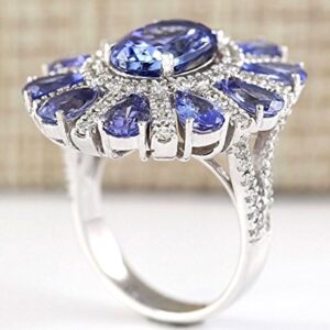 PR Jewerly Women Elegant 925 Silver Blue Tanzanite Gemstone Flower Cluster Ring Engagement (7)